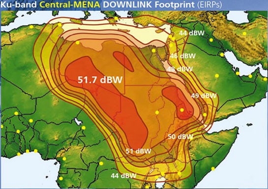 Satellite Arabsat 5A (zones de couverture, fréquences, pointage)