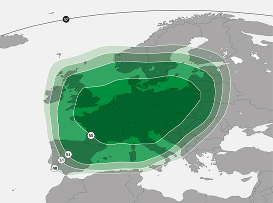 Satellite ASTRA 1L (zones de couverture, fréquences, pointage)
