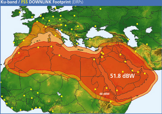 Satellite Badr-4 (zones de couverture, fréquences, pointage)