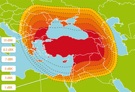 Satellite Türksat 3A (zones de couverture, fréquences, pointage)